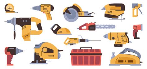 건설 현장 또는 제조소에서 작업하기 위한 기계 및 자동 도구 플랫 스타일의 벡터 퍼즐 및 샌딩 기계의 고립 된 세트 나무 스크루 드라이버 및 재주꾼을위한 드릴 장비 강철에