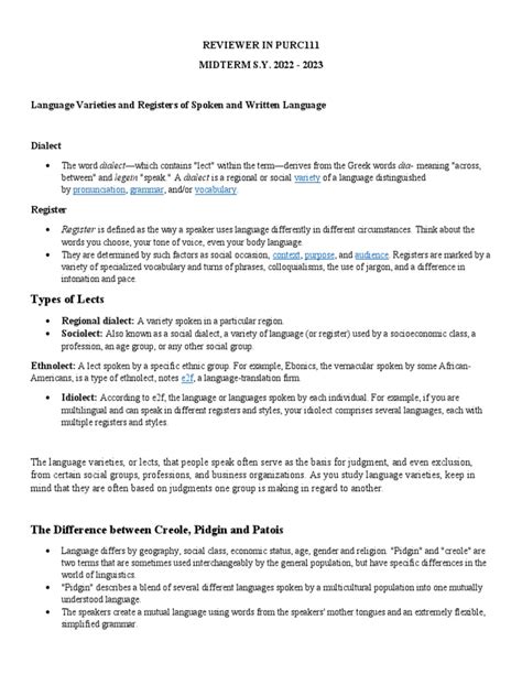 Language Varieties And Registers Of Spoken And Written Language Pdf Dialect Sociolinguistics