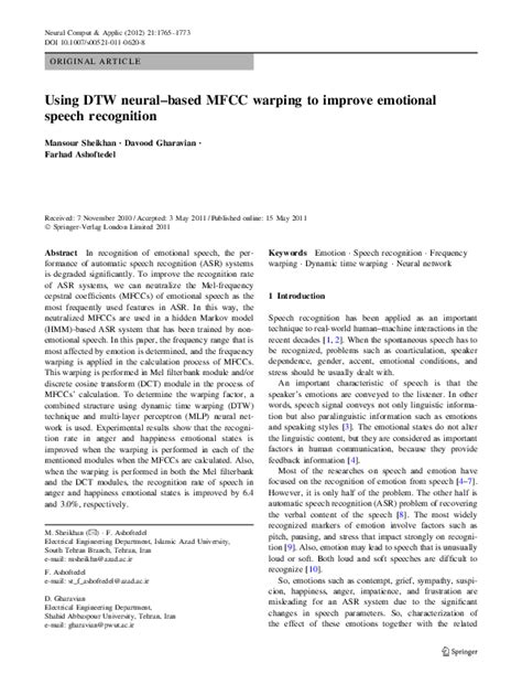 Pdf Using Dtw Neural Based Mfcc Warping To Improve Emotional Speech Recognition