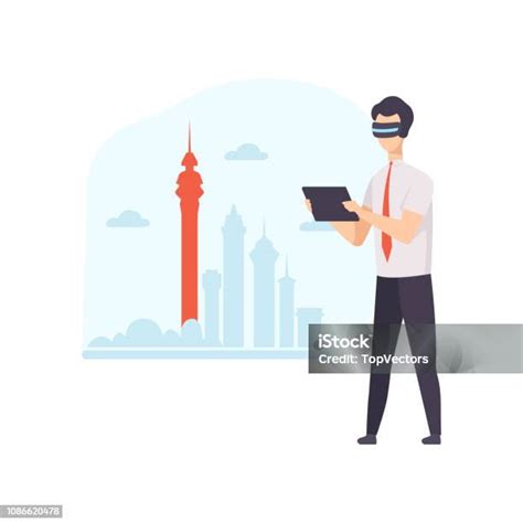 태블릿 현실 시각화 및 시뮬레이션 벡터 그림 흰색 배경에 대 한 광학 장치를 사용 하 여 사람을 사용 하 여 가상 현실 디지털 안경을 착용 하는 남자 가상현실에 대한 스톡