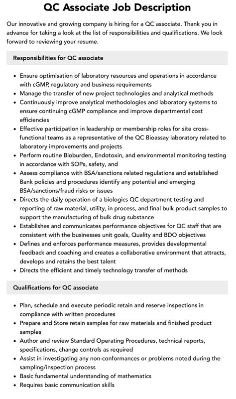 QC Associate Job Description Velvet Jobs QC Associate Job Description Velvet Jobs