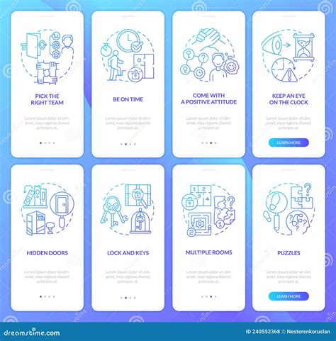 Escape Room Challenges Blue Gradient Onboarding Mobile App Screen Set