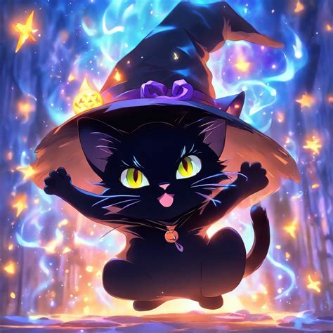 마녀 모자를 쓰고 마법을 부리려고 하는 아주 귀여운 검은 고양이 마법 같은 걸작 Seaart Ai