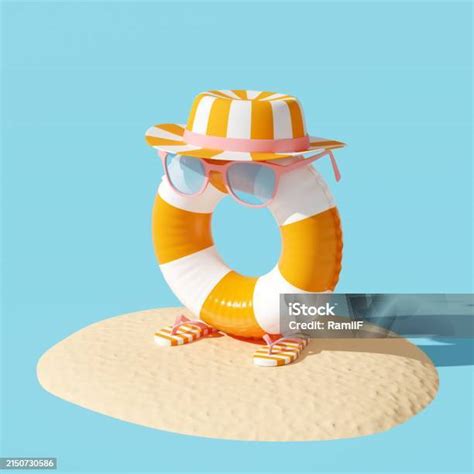 모래 섬에 선글라스와 비치 모자를 쓴 풍선 수영 반지의 만화 캐릭터 엽서 전단지 포스터에 대 한 창조적 인 여름 배경입니다 3d 일러스트레이션 렌더링 3차원 형태에 대한