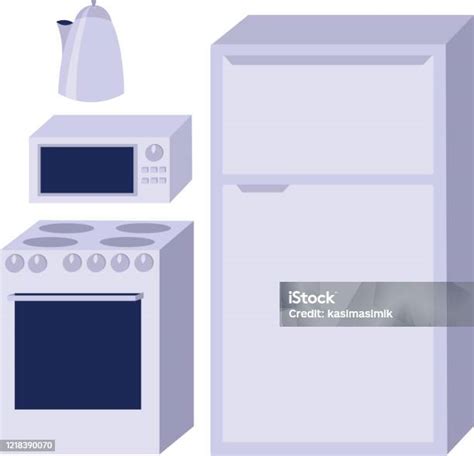 가전 제품 세트입니다 냉장고와 스토브 전자 레인지와 전기 주전자 블루 디자인 상점 전단지 배너 및 광고의 디자인을위한 개체입니다 가정 생활에 대한 스톡 벡터 아트 및 기타