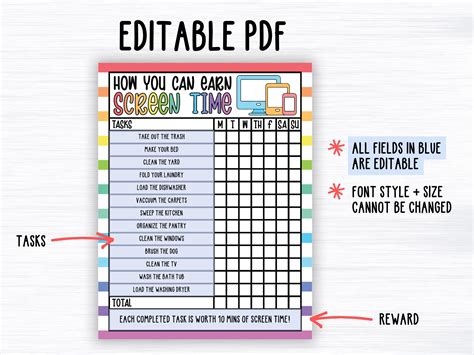 Screen Time Checklist Editable Printable Screen Time Chore Chart Screen Time Tracker Screen