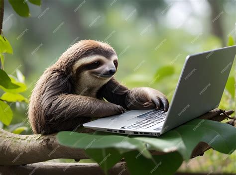 Premium Photo Closeup A Sloth Freelancer Working With A Laptop At Nature Background