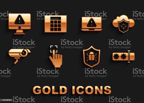 지문 클라우드 및 방패 암호 보호 시스템 버그 보안 카메라 느낌표가 있는 랩톱 모니터 및 아이콘을 설정합니다 벡터 Brand