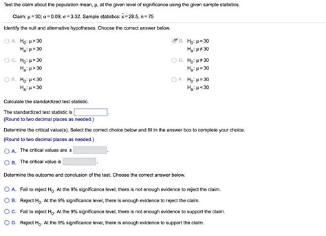 Solved Test The Claim About The Population Mean μ At The