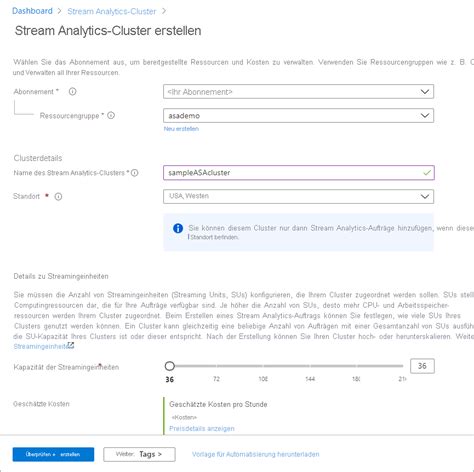 Erstellen Eines Schnellstarts Für Den Azure Stream Analytics Cluster Azure Stream Analytics