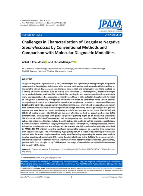 Pdf Challenges In Characterization Of Coagulase Negative Staphylococcus By Conventional