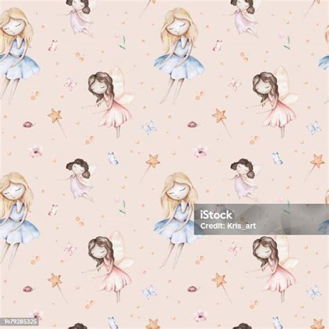 요정과 꽃 수채화 매끄러운 소녀 보육 패턴입니다 만화 핑크 마술 소녀 아기 배경 페이티테일 텍스타일 아트 개체 그룹에 대한 스톡
