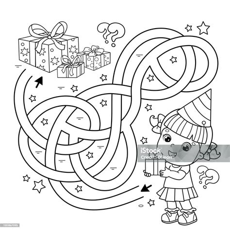 미로 또는 미로 게임 수수께끼 얽힌 도로 색칠 페이지 선물만화 어린 소녀의 윤곽선 생일 아이들을위한 색칠 공부책 색칠하기에 대한 스톡 벡터 아트 및 기타 이미지 Istock