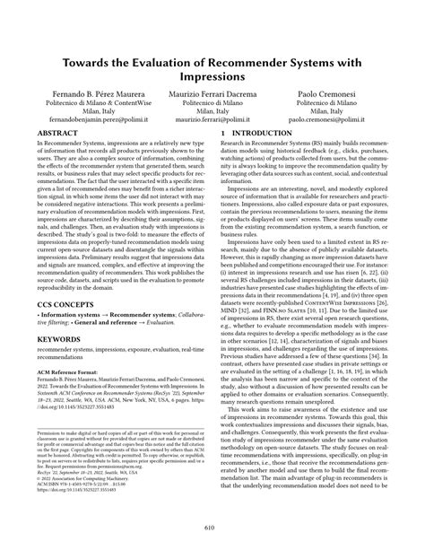 Pdf Towards The Evaluation Of Recommender Systems With Impressions
