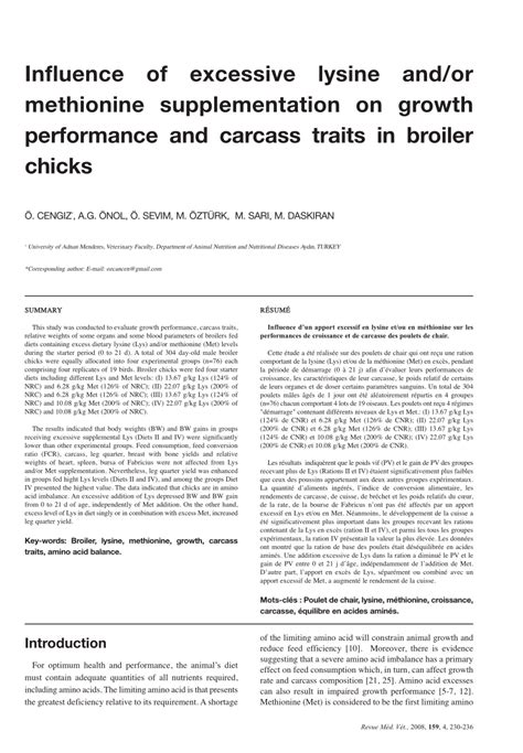 Pdf Influence Of Excessive Lysine Andor Methionine Supplementation On Growth Performance And