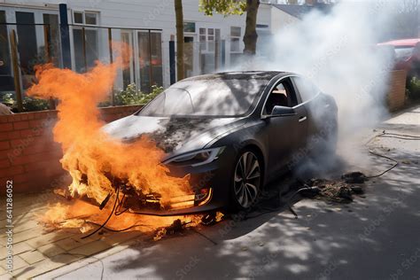 Electric Car Ev Whos Vehicle Lithium Battery Is On Fire Causing A