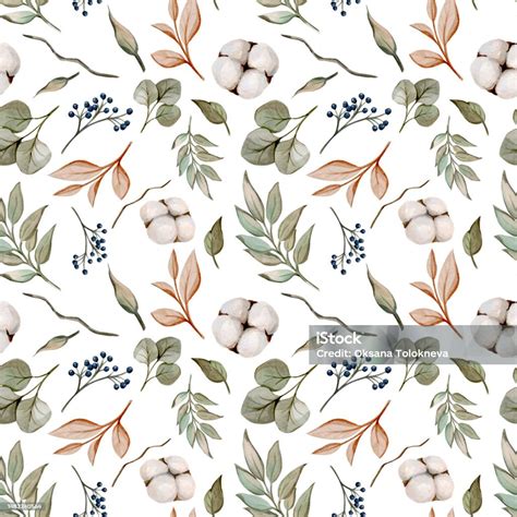 목화와 나뭇잎이 있는 수채화 이음매 없는 패턴 흰색 배경에 분리된 식물 무늬 나뭇잎 유칼립투스 잎 나뭇 가지 열매 목화 포장지 및 장식에 이상적 0명에 대한 스톡 벡터 아트