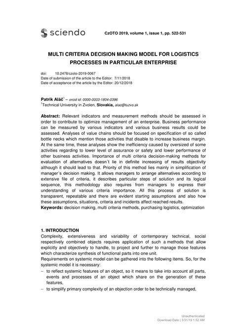 Pdf Multi Criteria Decision Making Model For Logistics Processes In Particular Enterprise
