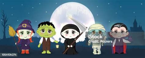 할로윈 가장 무도회 귀여운 어린이 의상 재미 있는 캐릭터 초대 카드 파티 및 판매입니다 가 휴일입니다 벡터 그림 Eps10입니다 10월에 대한 스톡 벡터 아트 및 기타