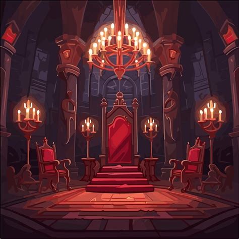 어두운 방 밤 성 홀 그림 게임 배경에 촛불이 있는 빨간 의자 왕좌 프리미엄 벡터