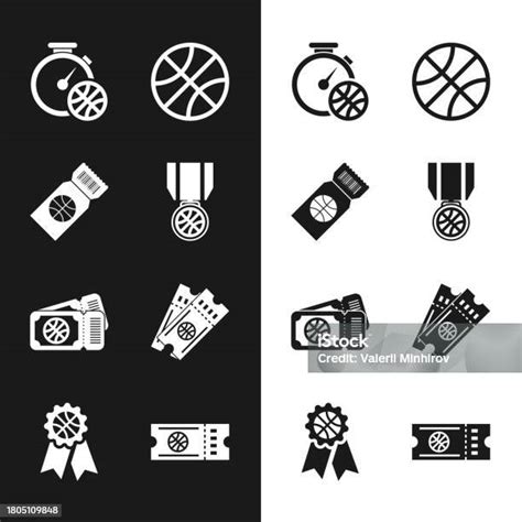 농구 메달 경기 티켓 농구공이 있는 스톱워치 보상 아이콘을 설정합니다 벡터 개념에 대한 스톡 벡터 아트 및 기타 이미지 개념 검은색 경기 스포츠 Istock