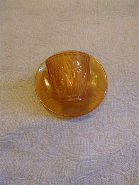 Depression Glass Jeanette Iris Herringbone Marigold Demitasse Cup Saucer Htf Antique Price