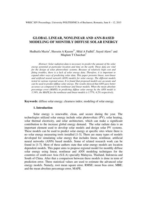 Pdf Linear And Nonlinear Modeling For Solar Energy Prediction For