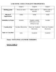 LAB IONIC AND COVALENT PROPERTIES Docx LAB IONIC AND COVALENT PROPERTIES Sample A Sample B
