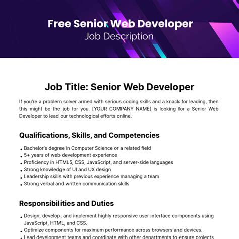 Free Senior Web Developer Job Description Template To Edit Online