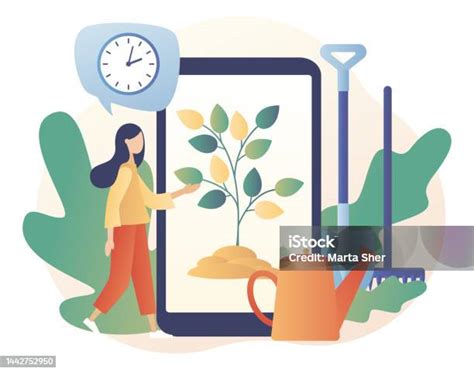 스마트폰 앱에서 식물을 재배하고 있다 원예 장비 심기 나무 시골 생활 현대 평면 만화 스타일입니다 흰색 배경에 벡터 그림 개념에 대한 스톡 벡터 아트 및 기타 이미지
