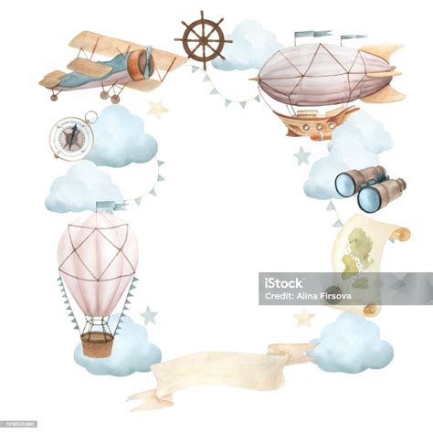 하늘을 나는 차량과 여행 속성이 있는 화환의 수채화 그림 비행선 복고풍 비행기 열기구 쌍안경 핸들 구름 나침반 지도 빈티지 종이 비행기에 대한 스톡 벡터 아트 및 기타