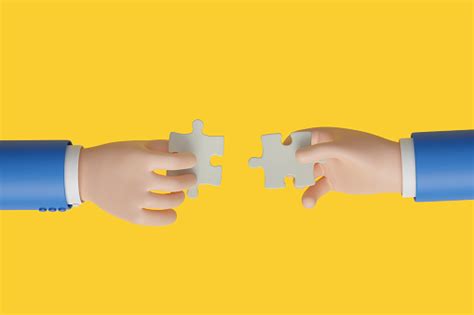 두 개의 만화 손이 노란색 배경에 분리된 직소 퍼즐을 연결한다 팀웍 개념입니다 3d 그림입니다 3차원 형태에 대한 스톡 사진 및 기타 이미지 Istock