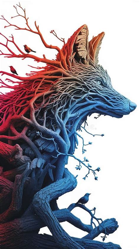 A Coyote S Profile Meticulously Crafted From Intertwining Tree Branches Stock Illustration