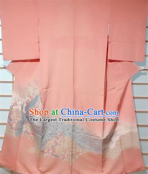 Japanese Classical Printing Peacock White Furisode Kimono Japan
