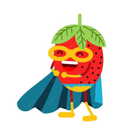 마스크와 망토에 귀여운 만화 웃는 딸기 슈퍼 히어로 흰색 배경에 고립 된 다채로운 인간화 베리 문자 벡터 일러스트 레이 션 프리미엄 벡터