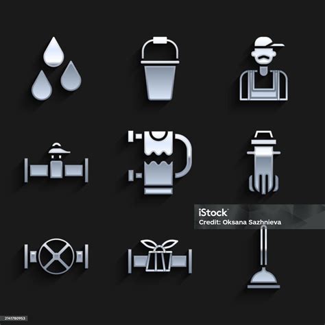 가열 타월 레일 산업 금속 파이프 고무 플런저 정수 필터 및 밸브 배관공 및 드롭 아이콘을 설정합니다 벡터 0명에 대한 스톡 벡터 아트 및 기타 이미지 Istock