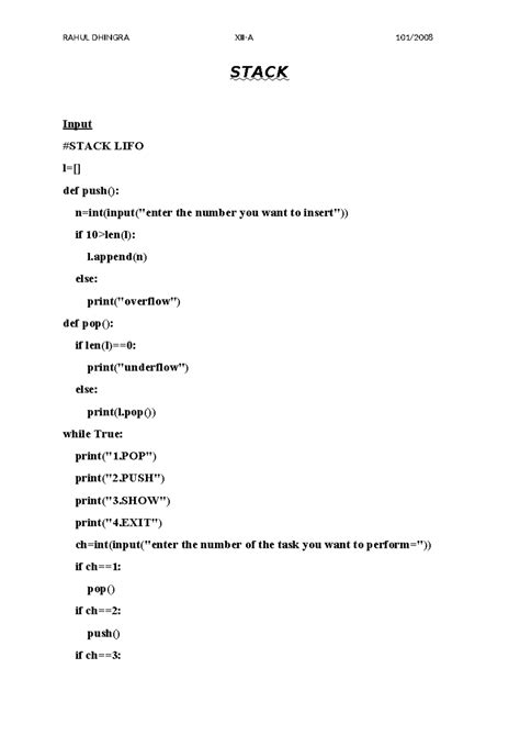 Stack Rahul Dhingra Xii A 101 Stack Input Stack Lifo L Def Push