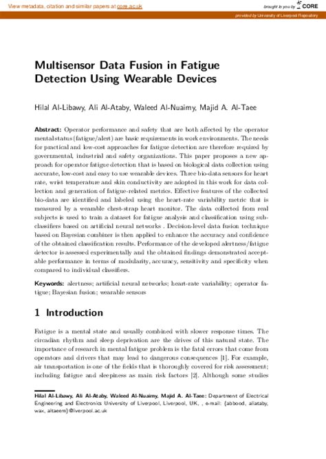 Pdf Multisensor Data Fusion In Fatigue Detection Using Wearable Devices