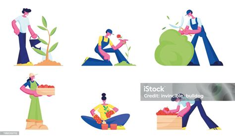 원예 세트입니다 남자와 여자 농부 또는 정원사 심기 와 나무와 식물의 배려 행복 한 문자 작업 정원 급수 트리밍 덤불 케어 의 꽃 만화 플랫 벡터 일러스트 건강한 생활방식에