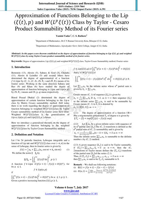 Pdf Approximation Of Functions Belonging To The Lip 𝜉 𝑡 𝑝 And 𝑊