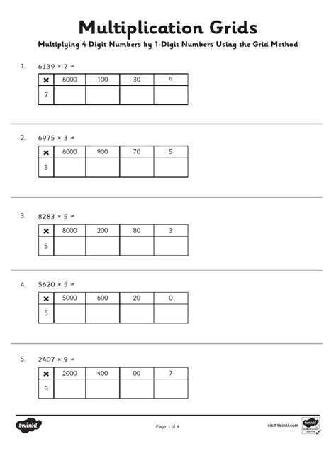 T2 M 1597 Multiplying 4 Digit Numbers By 1 Digit Numbers Using Grid Method Activity Sheets Pdf