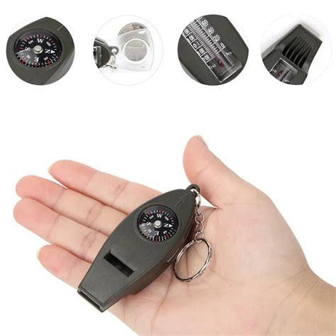 4 In1 Mini Outdoor Survival Compass Thermometer Magnifying Glass Whistle Keychain Keyring In