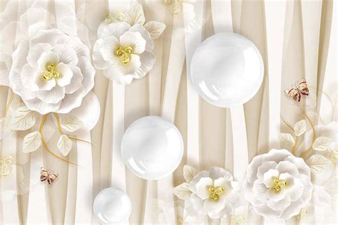 پارسه کاغذ و پوستر دیواری 3d گل های سفید با گوی سفید و پروانه در زمینه سه بعدی