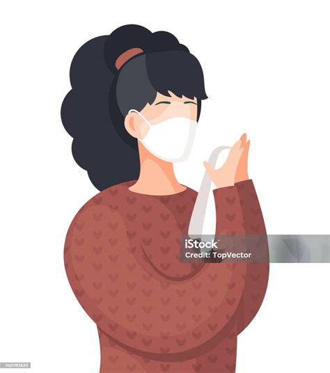 흰색 배경 바이러스 성 전염병에 서 얼굴 의료 마스크를 착용 하는 여자의 그림 수술용 마스크에 대한 스톡 벡터 아트 및 기타