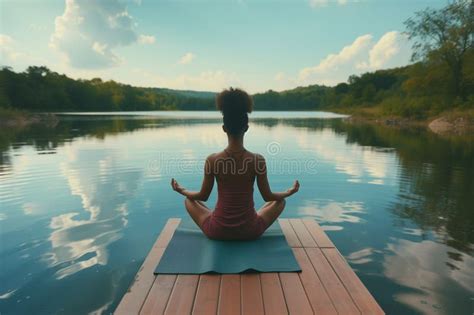 A Woman Is Meditating On A Dock By A River Stock Illustration