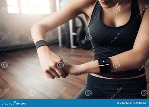 Person Using Wearable Tech Device And Smartwatch To Track Their Fitness Progress Stock