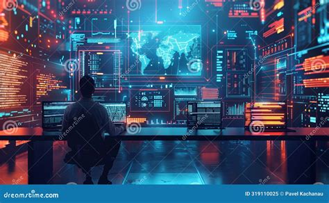 A Man Is Sitting At A Desk Analyzing Data On A Computer Screen In An Office Setting Stock