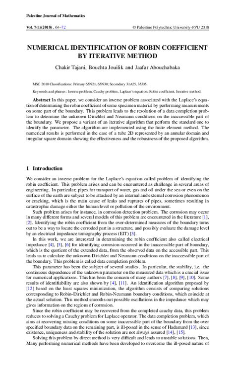 Pdf Numerical Identification Of Robin Coefficient By Iterative Method