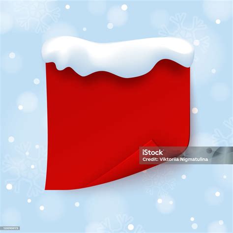 파란색 겨울 배경에 스노우 캡이있는 빨간색 배너 템플릿입니다 말린 모서리 초대 프로모션 판매 정보에 대한 모형이있는 종이 페이지 벡터 시즌 일러스트레이션입니다 3차원 형태에