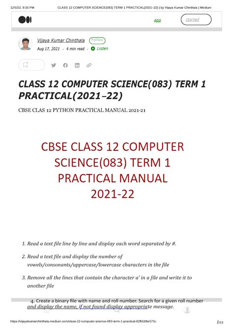 Class 12 Computer Science 083 Term 1 Practical 2021 22 By Vijaya Kumar Chinthala Medium 12 1